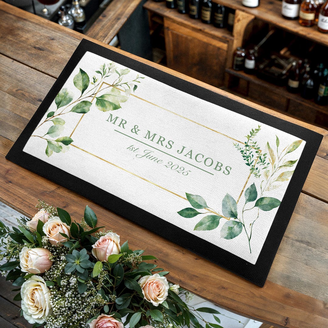 Personalised Wedding Bar Mat With Custom Name & Date | Floral Leaf Art ...