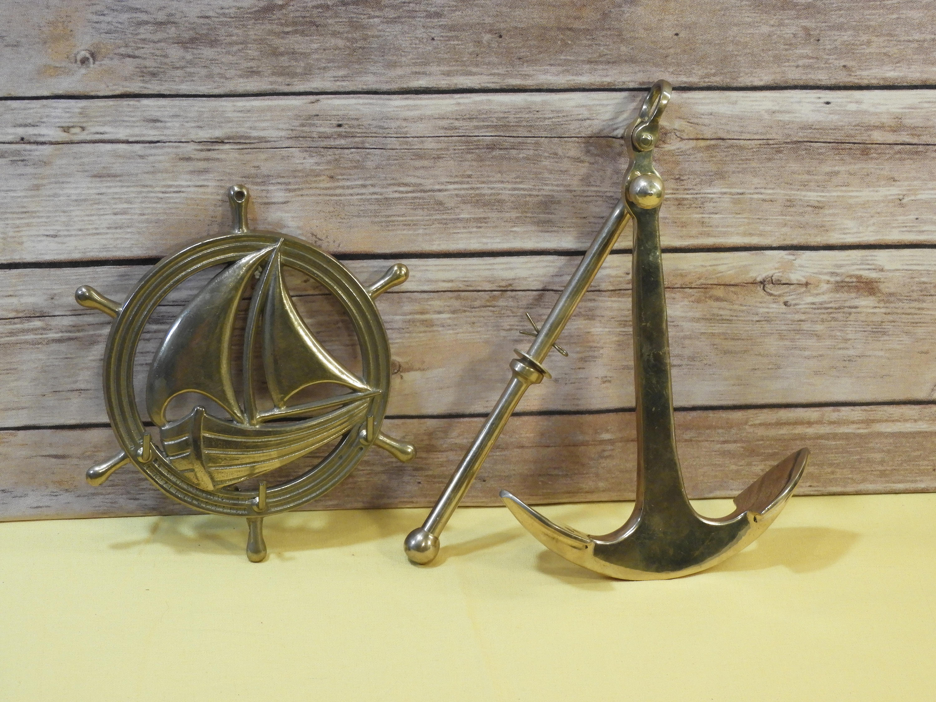 Vintage Nautical Brass Decor 2 Pcsgold Captains Wheel Key Coat Hook Solid Brass Anchor Paper