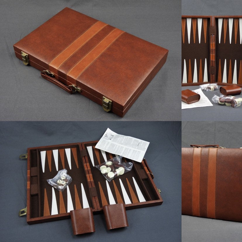 Vintage Backgammon Set Unopened Pieces Brown Faux Leather Travel Attache Home Decor Game
