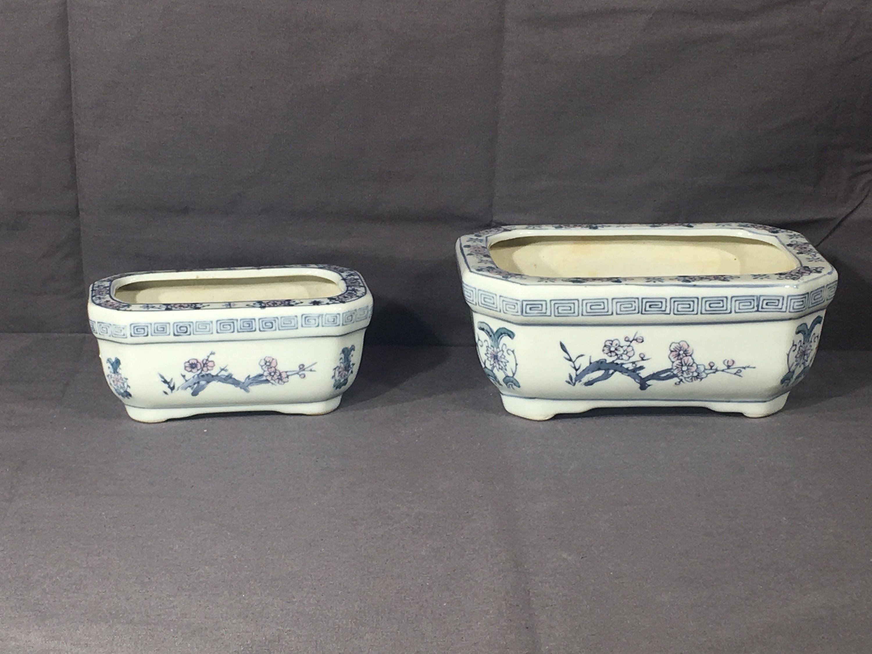 Vintage Chinese Planters (2), Decorative White Blue Ceramic Rose ...