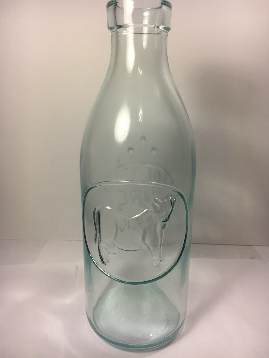 Vintage Absolutely Pure Milk Clear Embossed Cow Milk Bottle Green Tint Glass Made In Italy 10 Tall