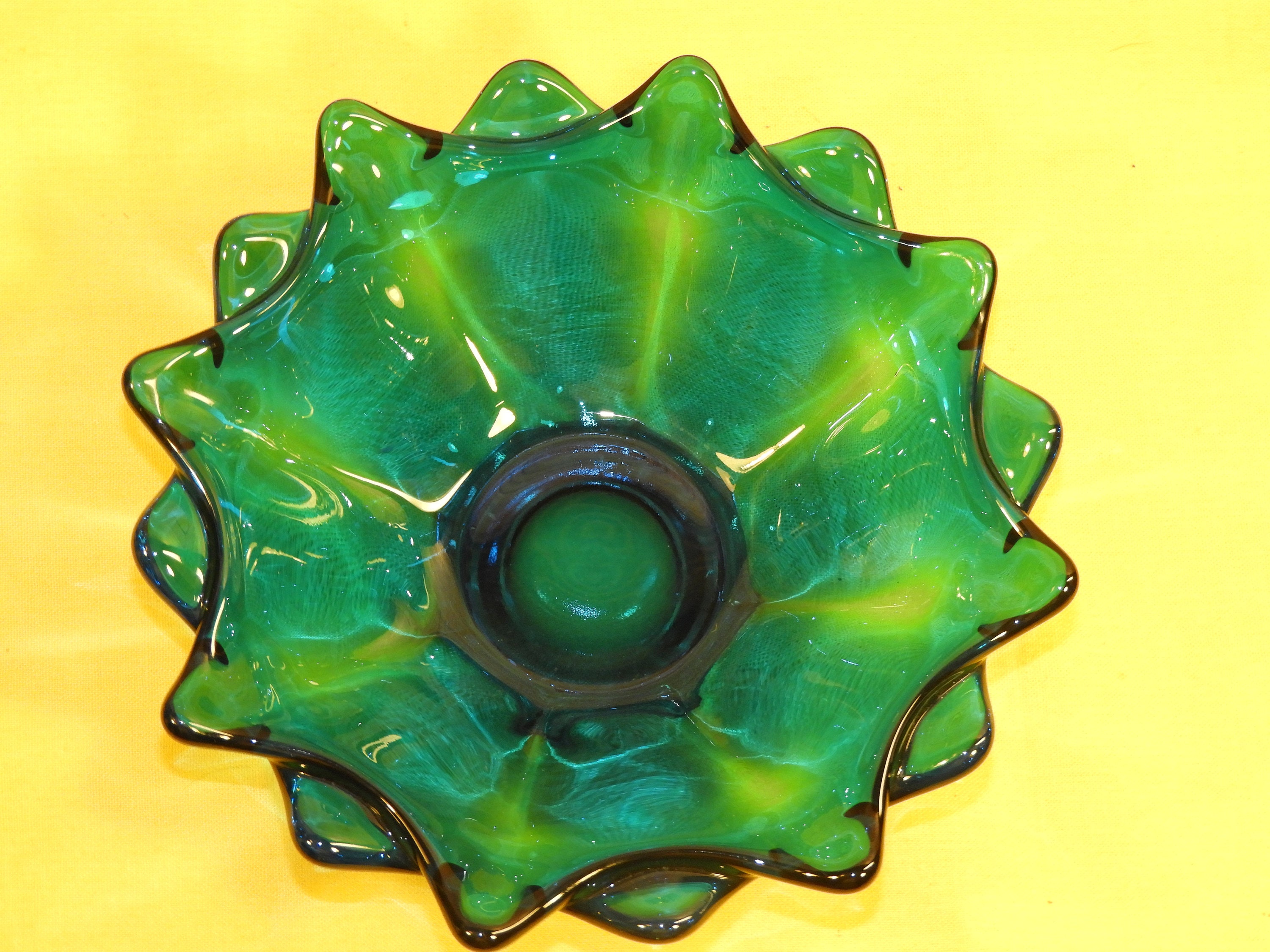 Vintage Blue Green Art Glass Dish, Blue Murano Glass Bowl, Scalloped ...