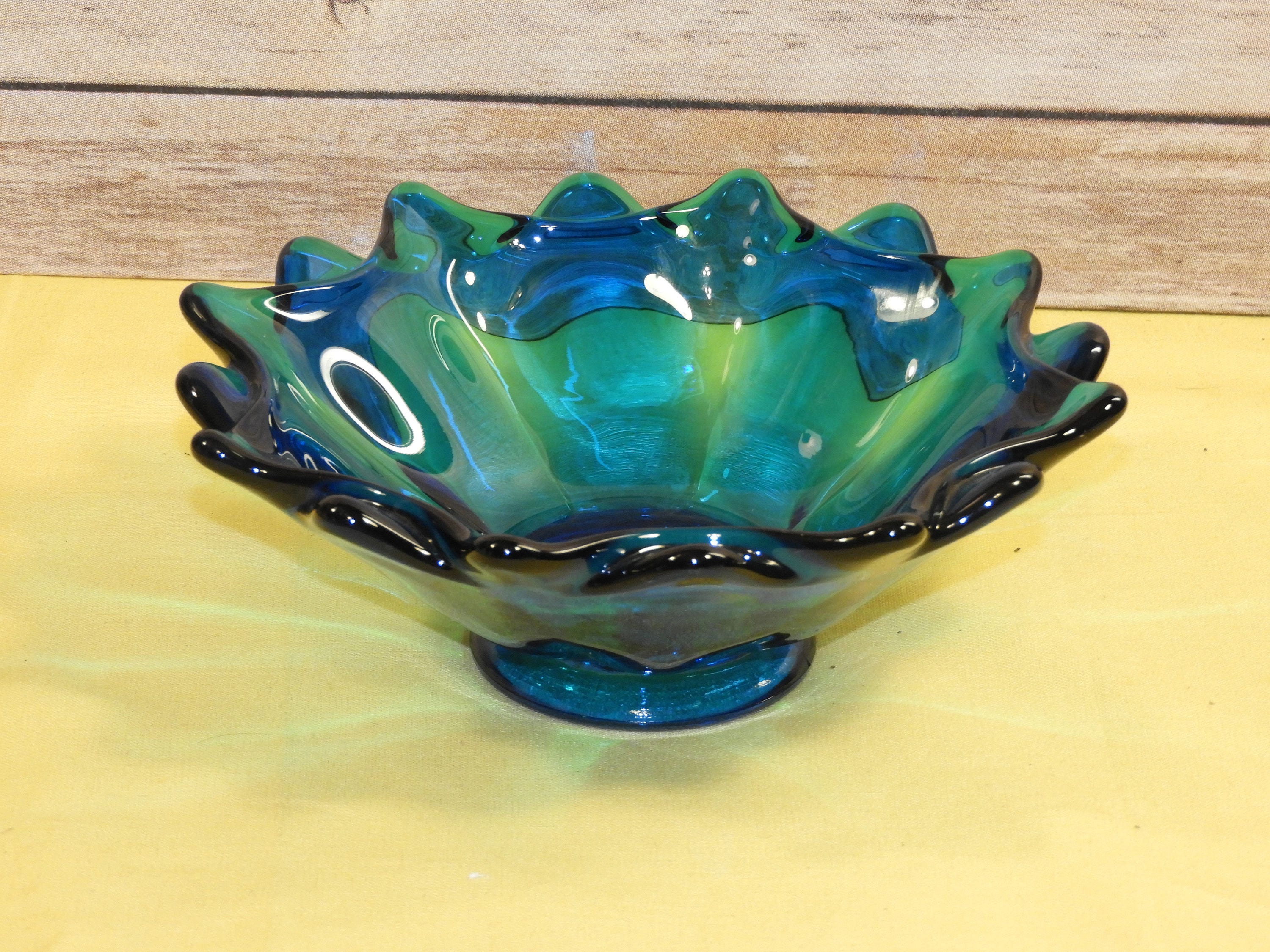 Vintage Blue Green Art Glass Dish, Blue Murano Glass Bowl, Scalloped ...