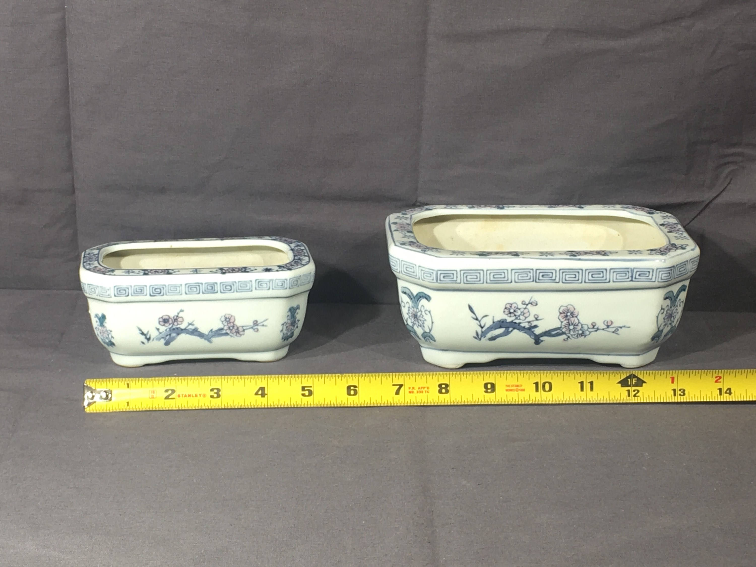 Vintage Chinese Planters (2), Decorative White Blue Ceramic Rose ...