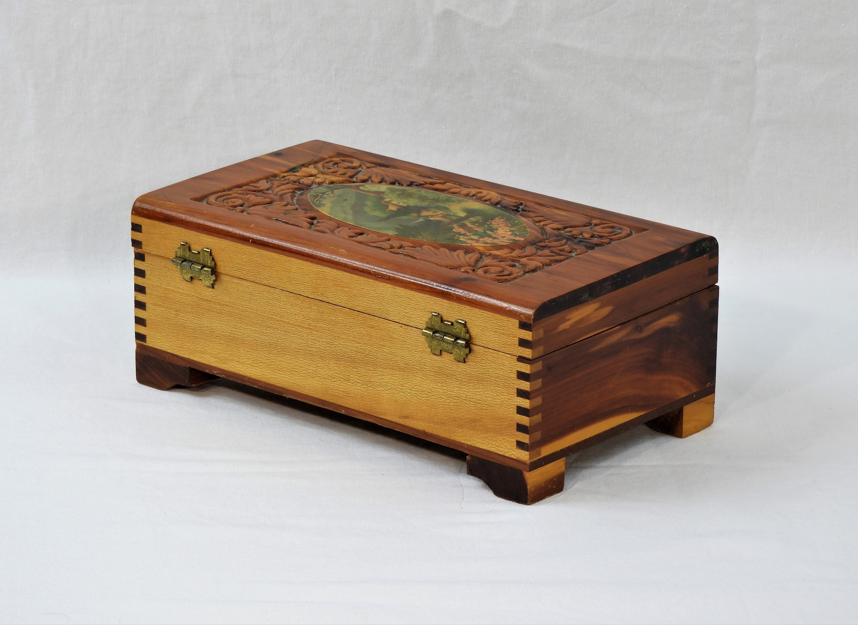 Vintage Jewelry Box Cedar Storage Wood Keepsake Chest Copper Gold