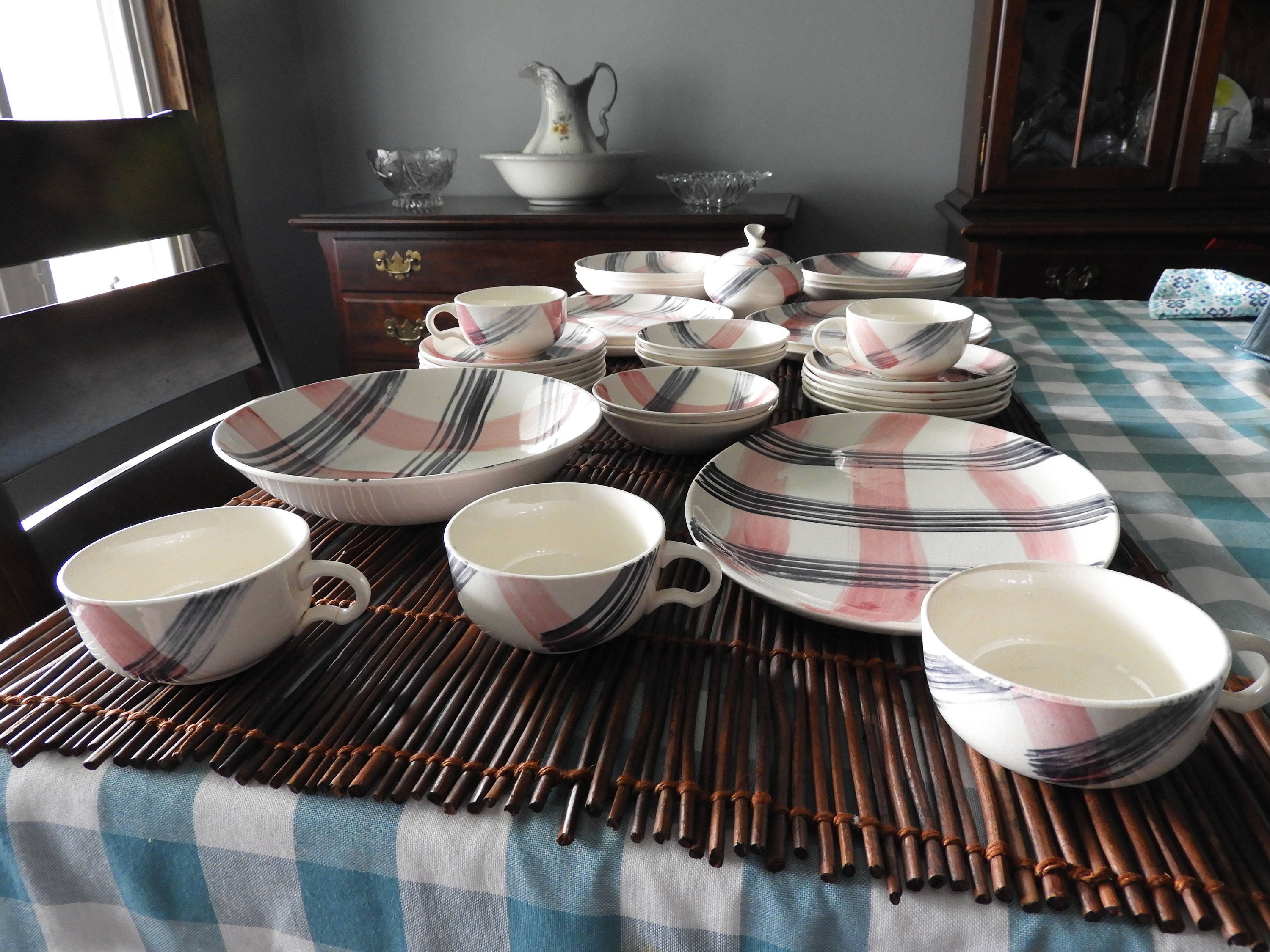 Vintage Blair Dinnerware, Woven Gray and Red Dinnerware Set (36 Pcs ...