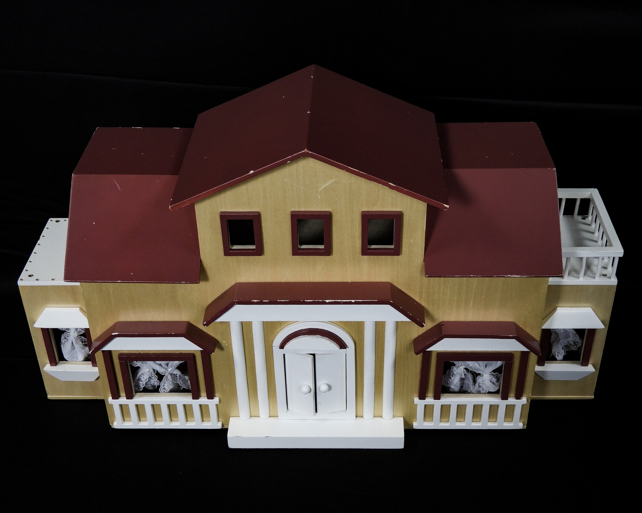 Vintage Wooden Dollhouse, Toy Playhouse, Burgundy Red, Gold Colored ...