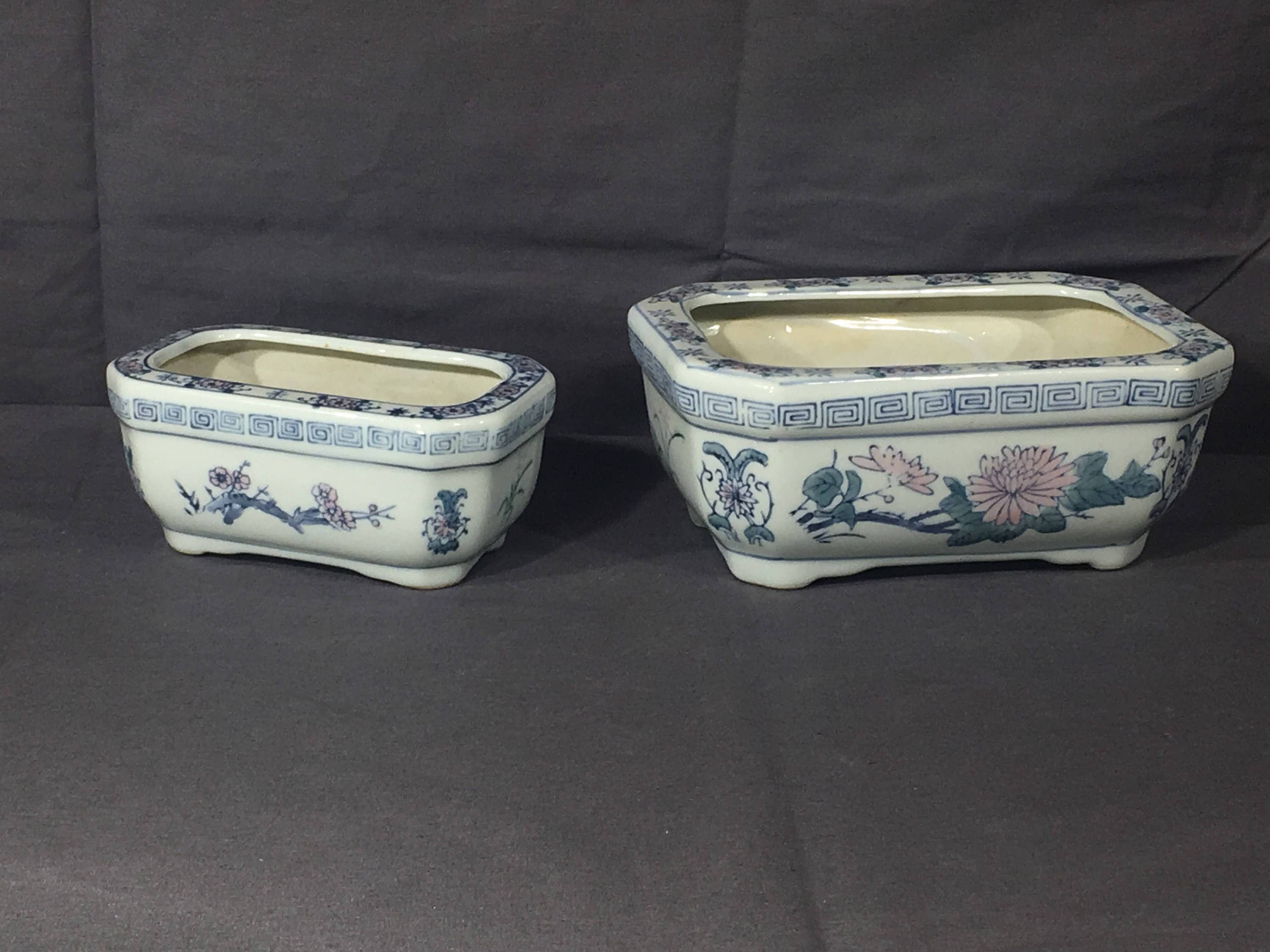 Vintage Chinese Planters (2), Decorative White Blue Ceramic Rose ...