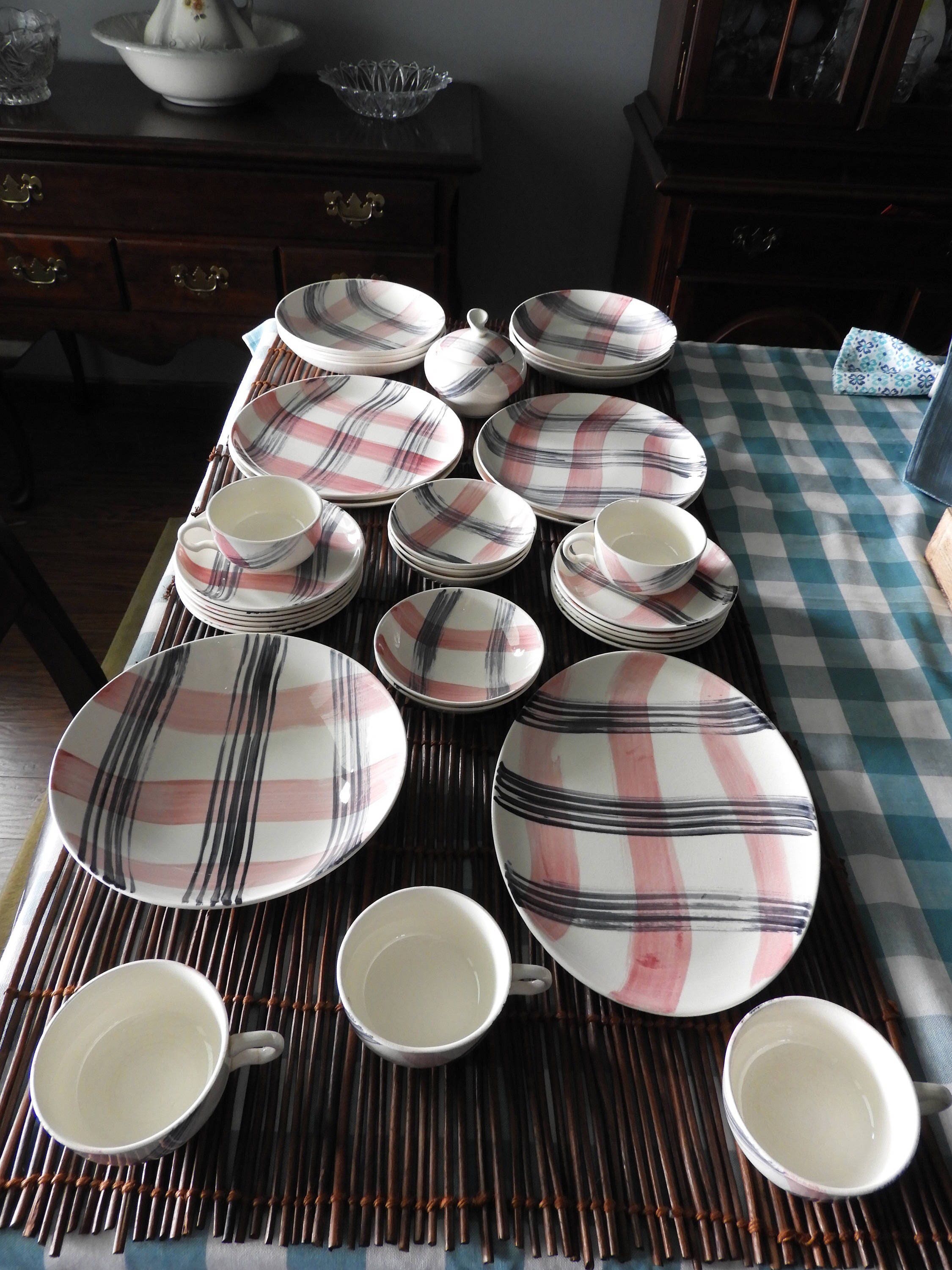 Vintage Blair Dinnerware, Woven Gray and Red Dinnerware Set (36 Pcs ...