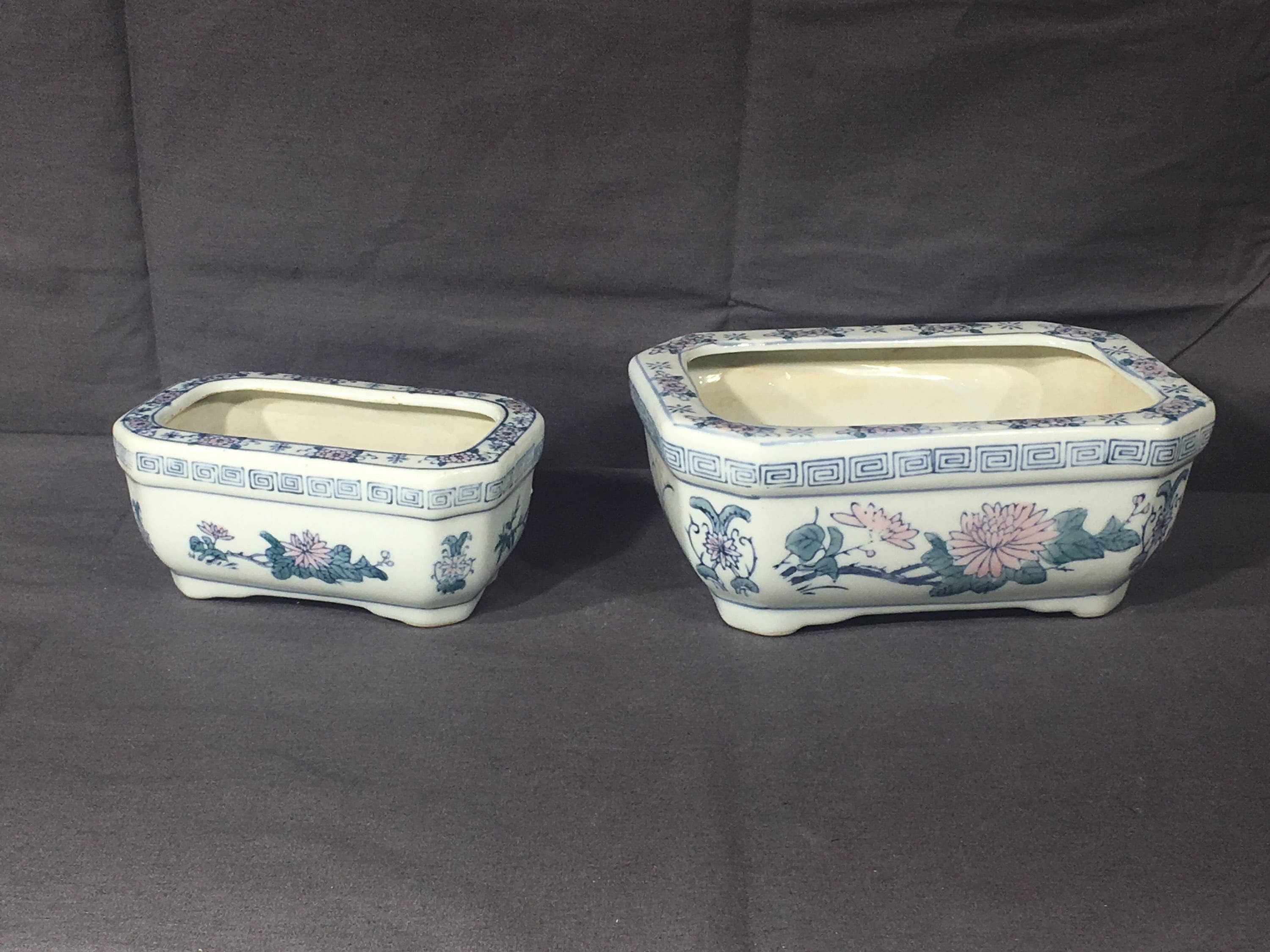 Vintage Chinese Planters (2), Decorative White Blue Ceramic Rose ...