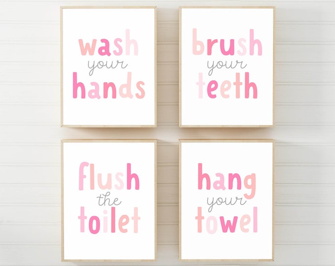 Cute Bathroom Print, Pink Retro Powder Room Art Print, Illustration ...