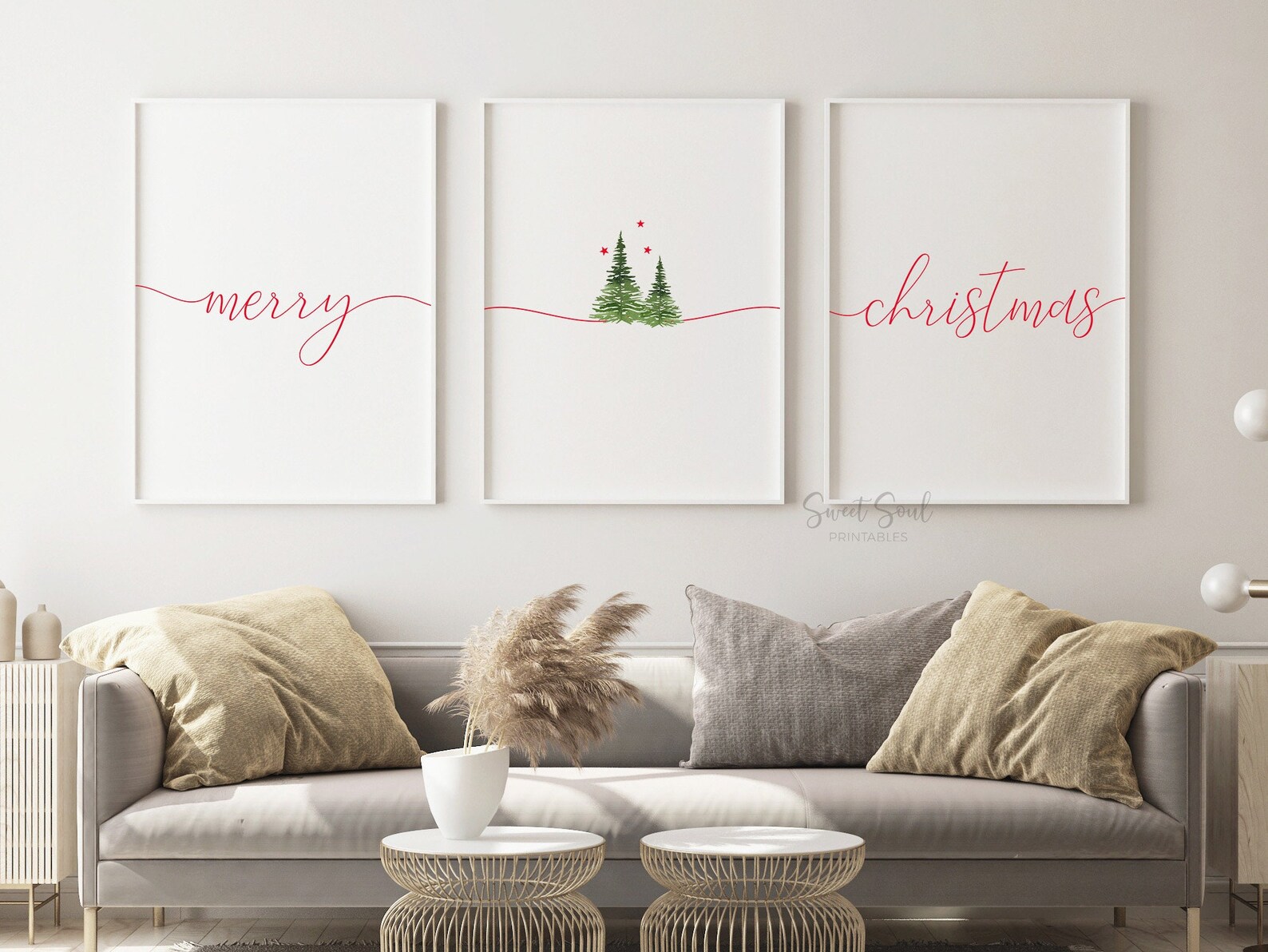 Merry Christmas Prints Set of 3 Christmas Wall Art, Christmas Tree ...
