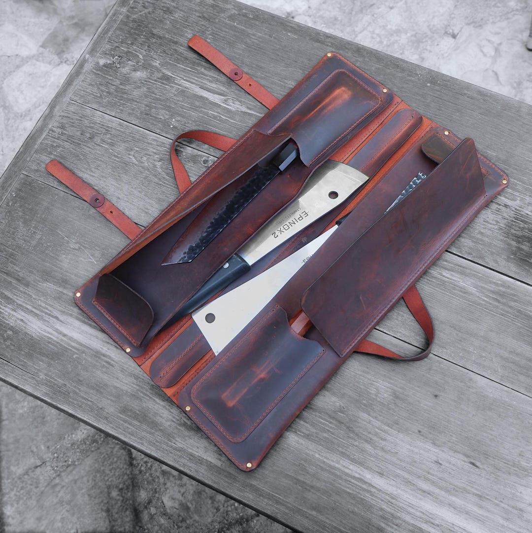 Personalized Leather Chef Knife Roll Case | 2-4 Slot Knife Holder, for ...