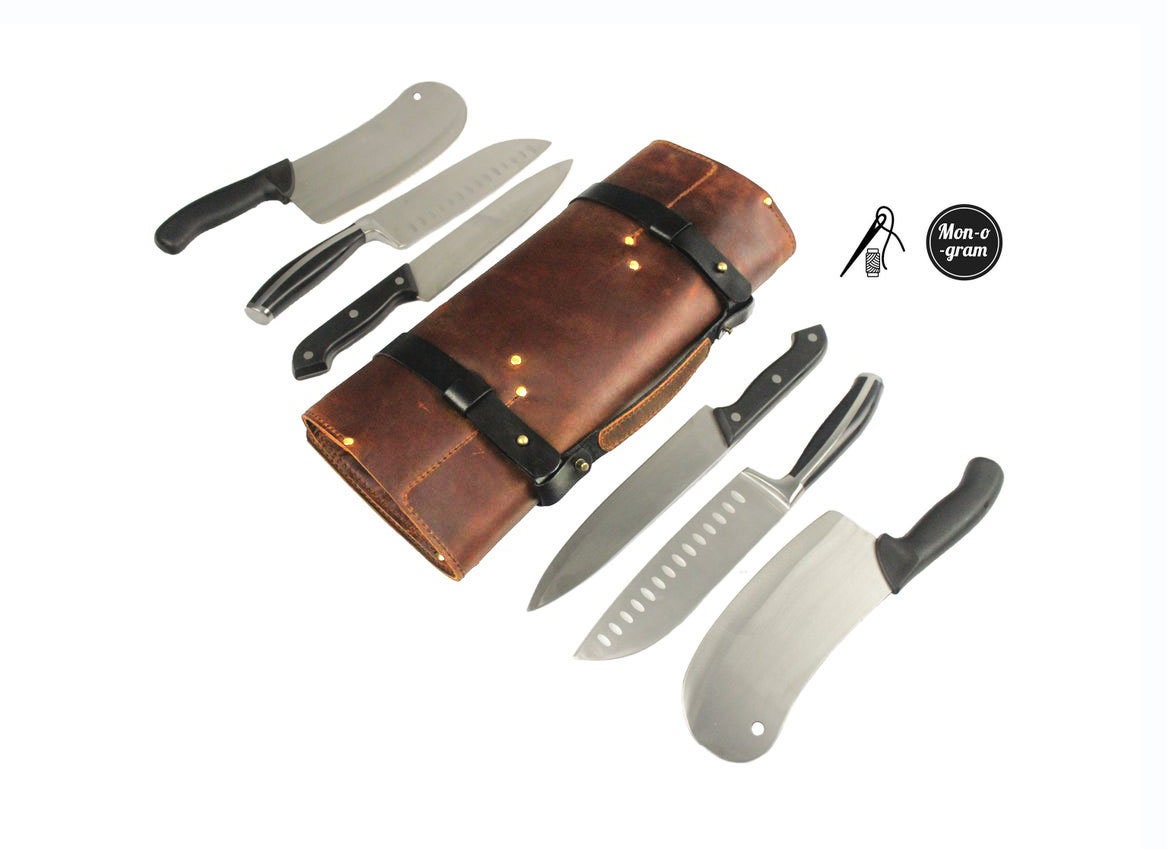 Personalized Leather Chefs Knife Roll Bags with 2 4 6 8 Slot | Etsy