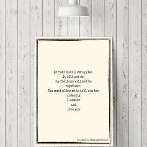 In Vain Jane Austen Quote Art, Pride and Prejudice Print Unframed, Love ...