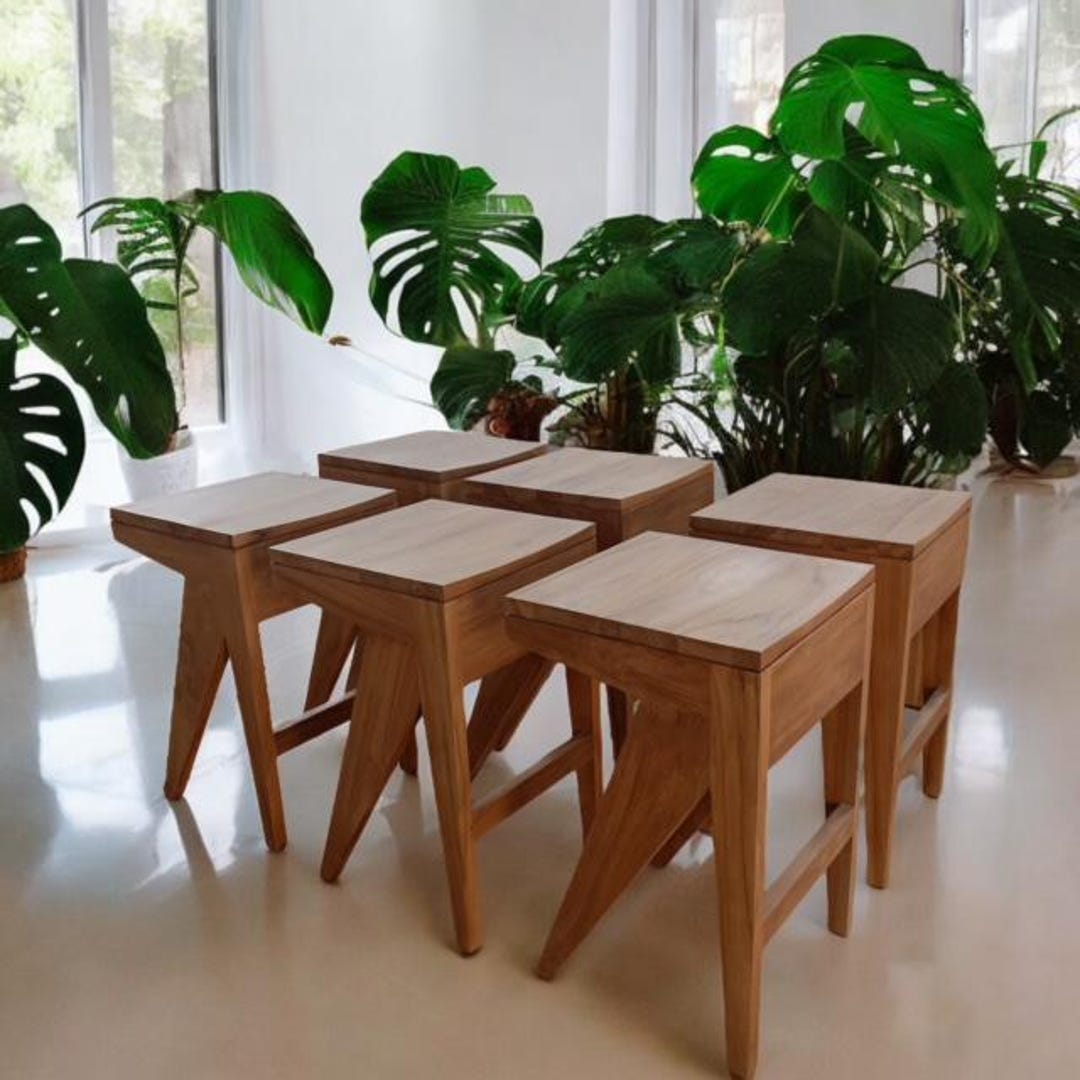 V-shape Solid Wood Stool With Rattan Seat 'jerome' - Etsy