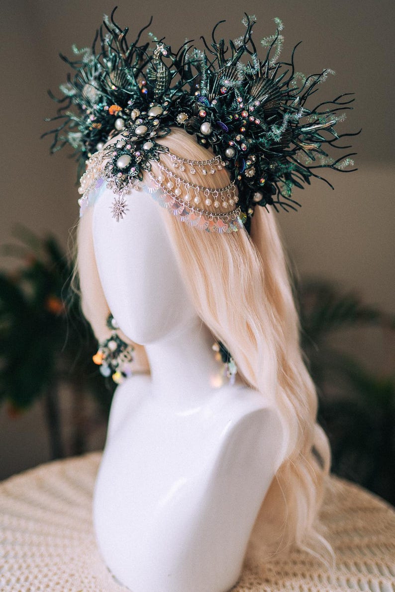 Mermaid Siren Halo Crown Iridescent Green Pearls Sea Goddess Headpiece ...