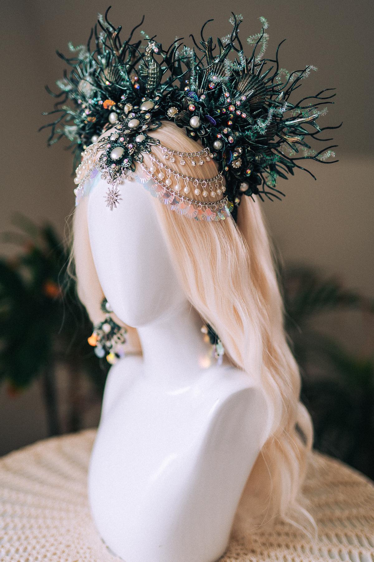 Mermaid Siren Halo Crown Iridescent Green Pearls Sea Goddess Headpiece ...