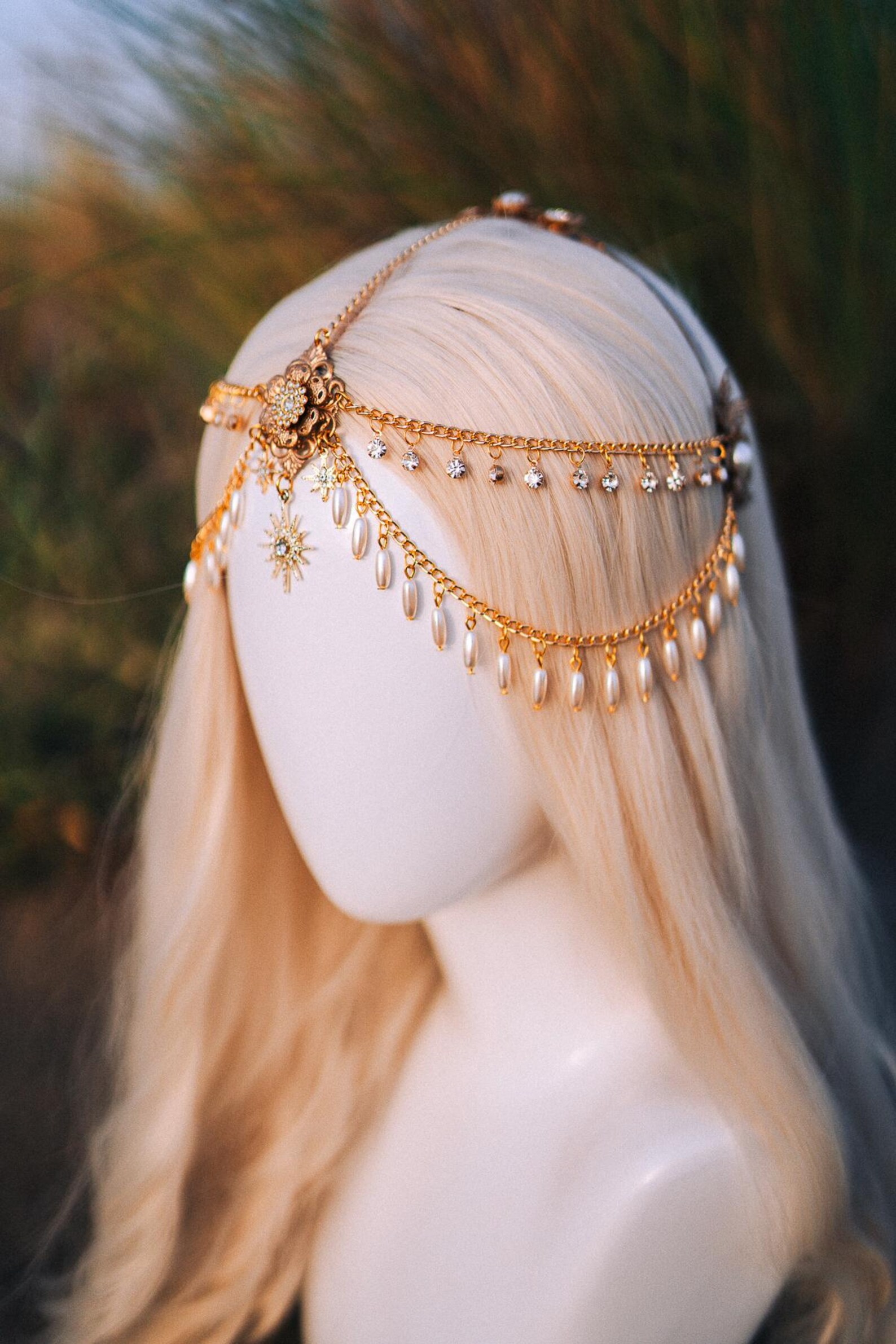 Golden Pearl Headpiece Elven Bridal Crown Celestial Goddess Tiara ...
