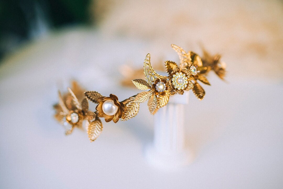 Golden Leaf Crown, Greek Goddess Headpiece, Pearl Bridal Halo ...