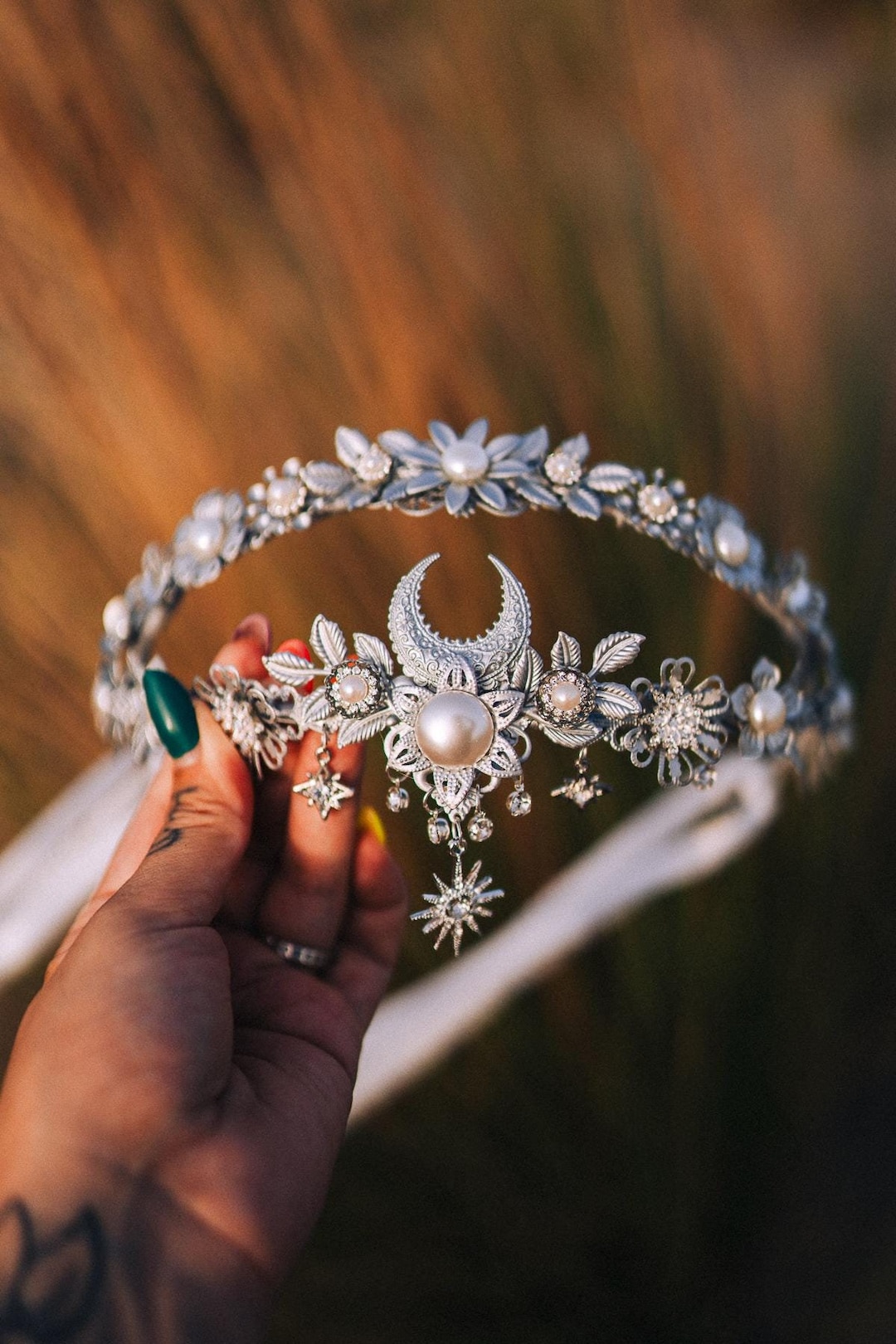 Silver Moon Tiara, Celestial Bridal Crown, Boho Goddess Headpiece ...