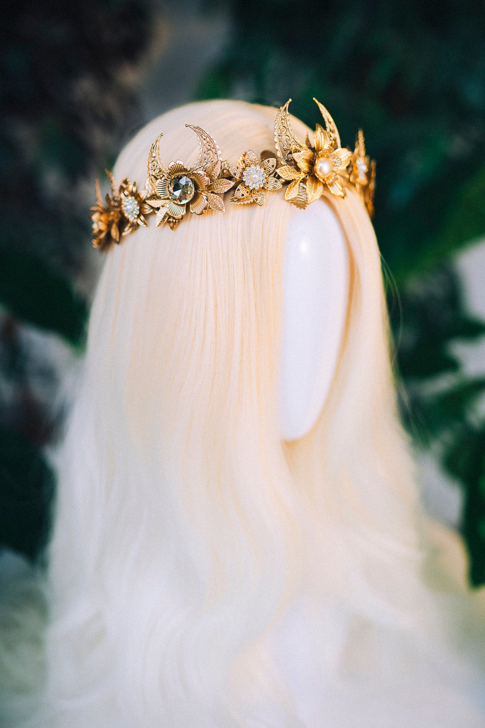 Golden Crescent Moon Floral Crown - Etsy