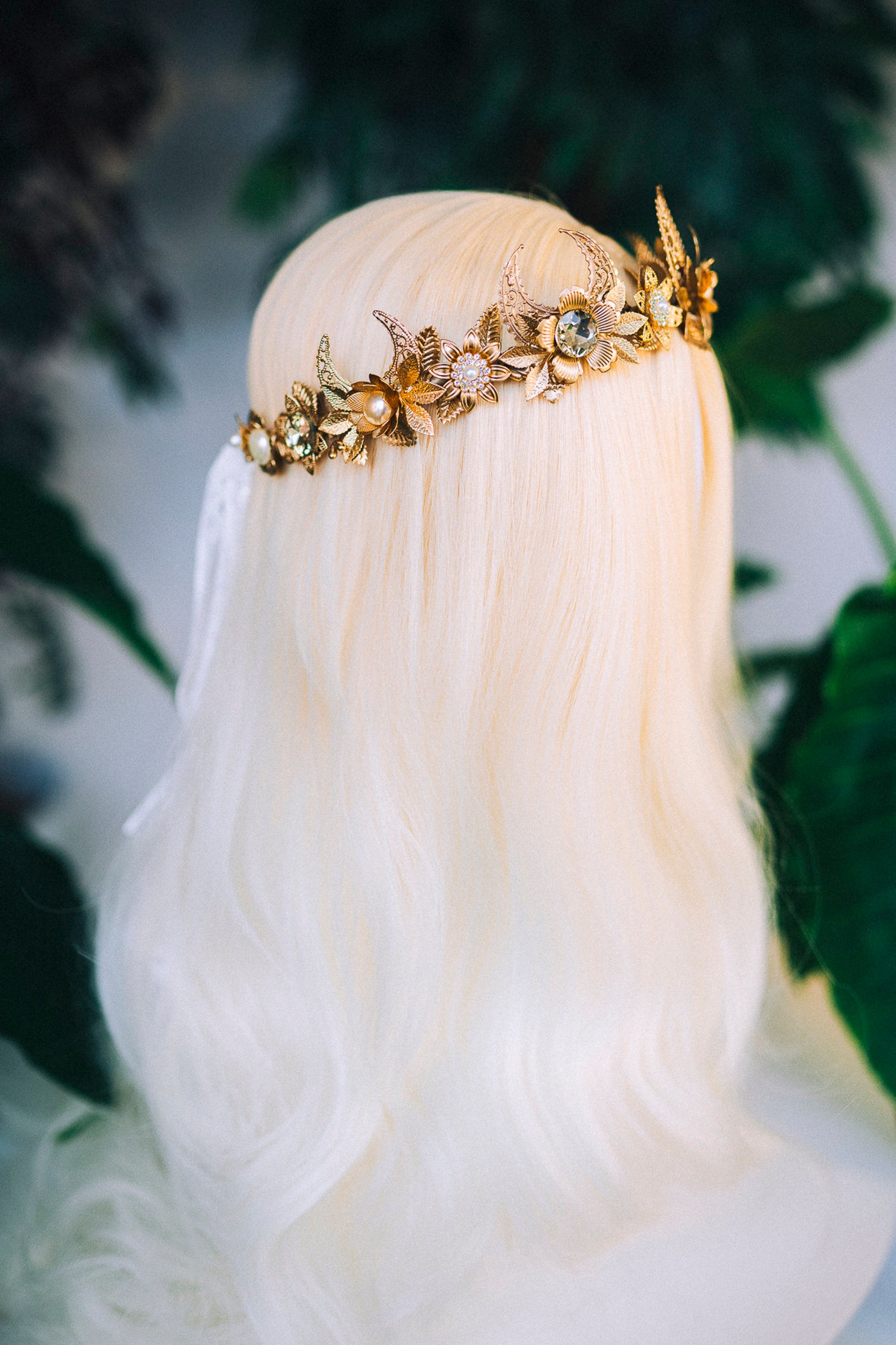 Golden Crescent Moon Floral Crown - Etsy