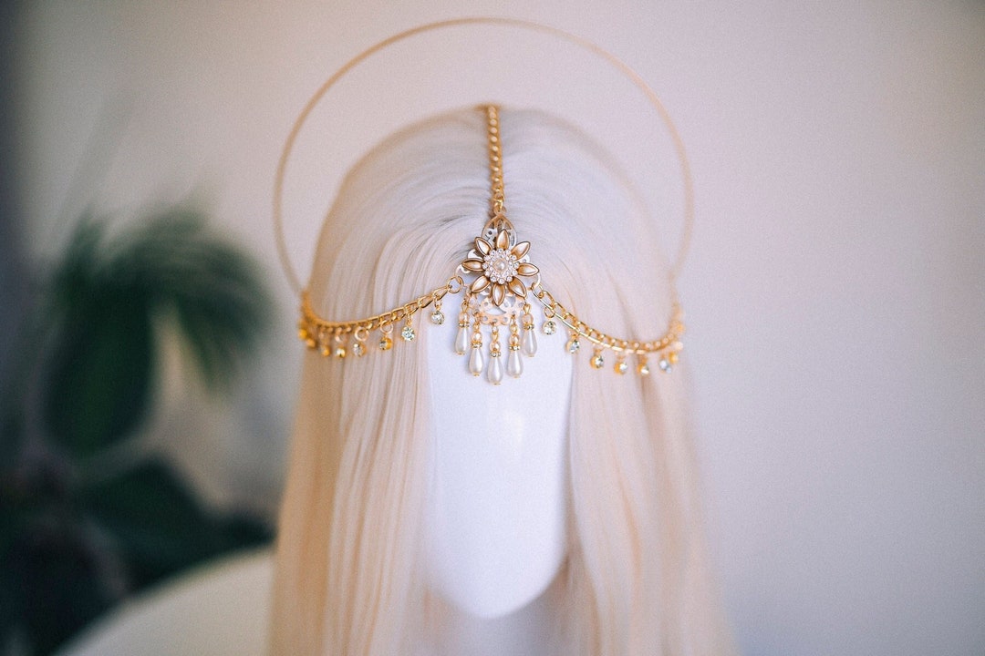 Golden Halo Bridal Crown, Wedding Headpiece, Celestial Tiara, Pearl ...