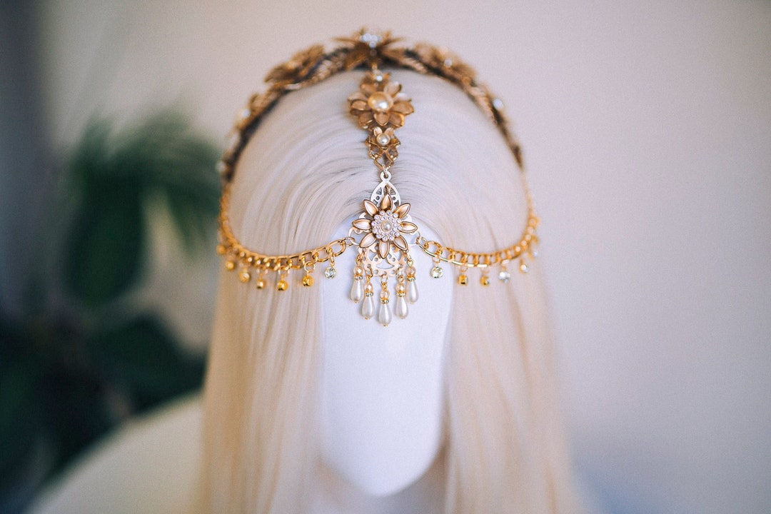 Gold Floral Chain Tiara, Elegant Bridal Headpiece With Pearls Crystals ...
