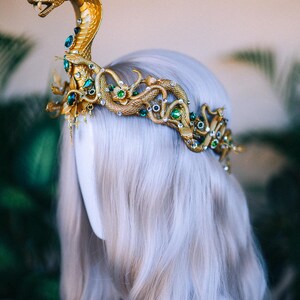Gold Medusa Crown, Snake Headpiece, Green Crystal Goddess Crown, Cobra ...