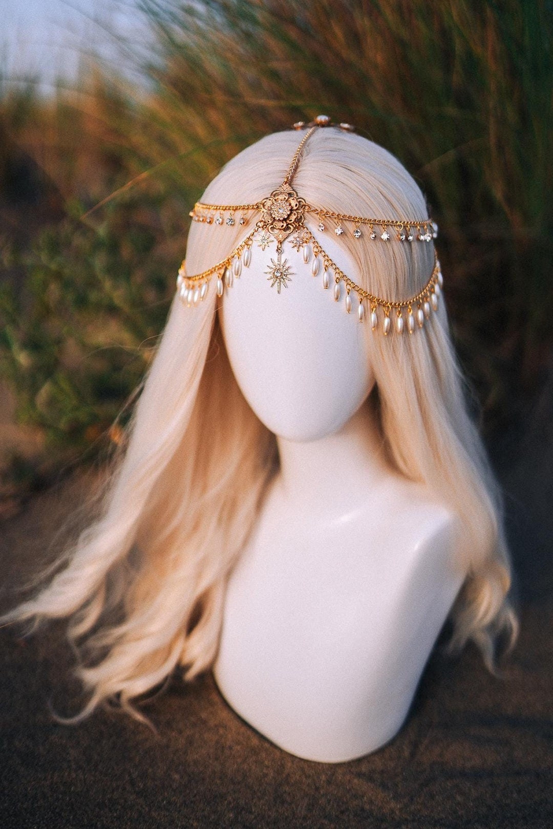 Gold Pearl Chain Tiara, Elegant Bridal Headpiece With Stars Crystals ...
