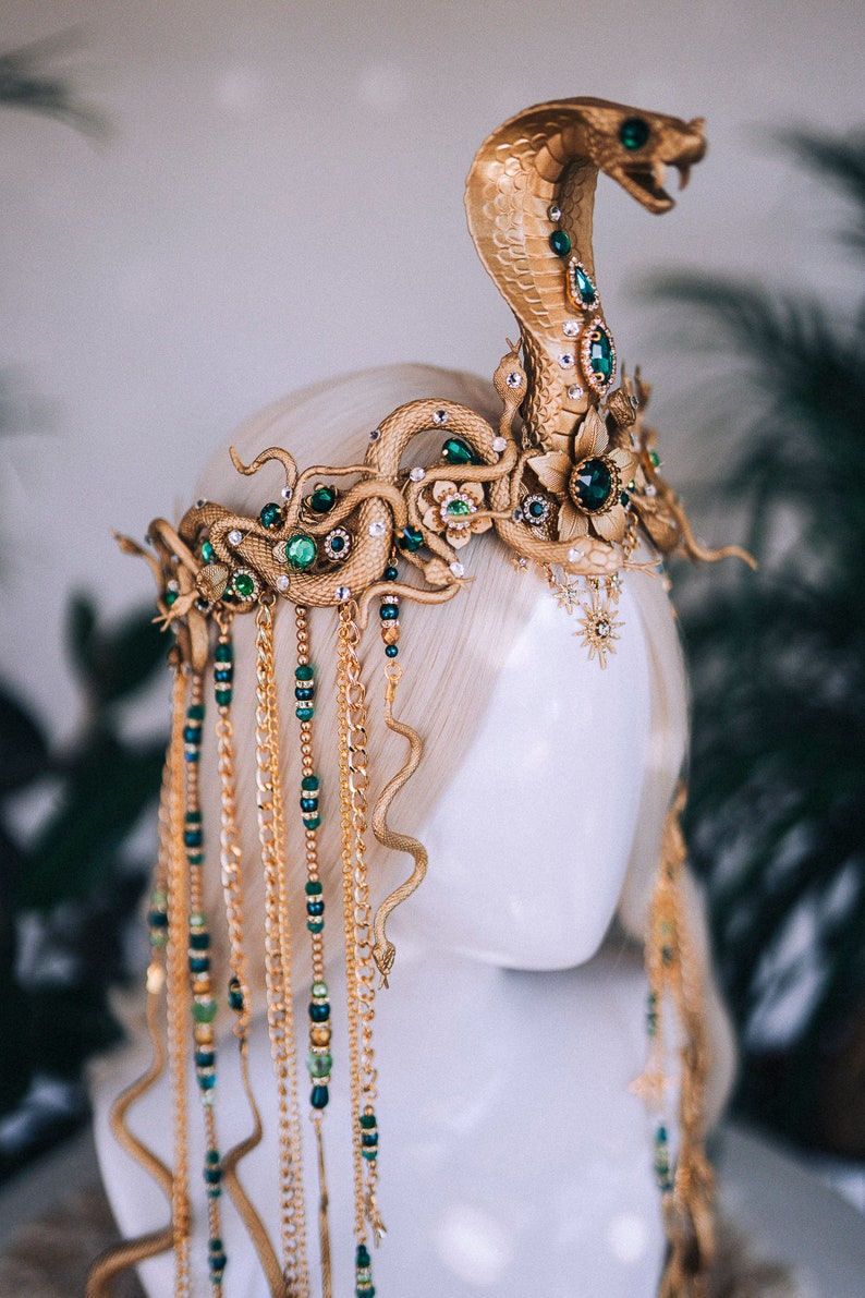 Medusa Crown, Gold Snake Headpiece, Emerald Goddess Halo - Etsy