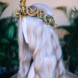 Gold Medusa Crown, Snake Headpiece, Green Crystal Goddess Crown, Cobra ...