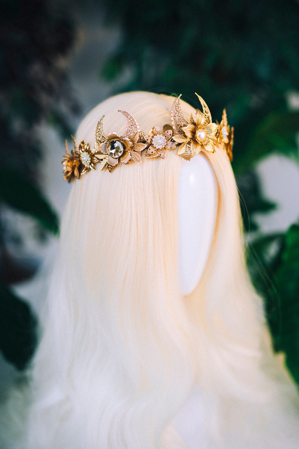 Golden Crescent Moon Floral Crown - Etsy