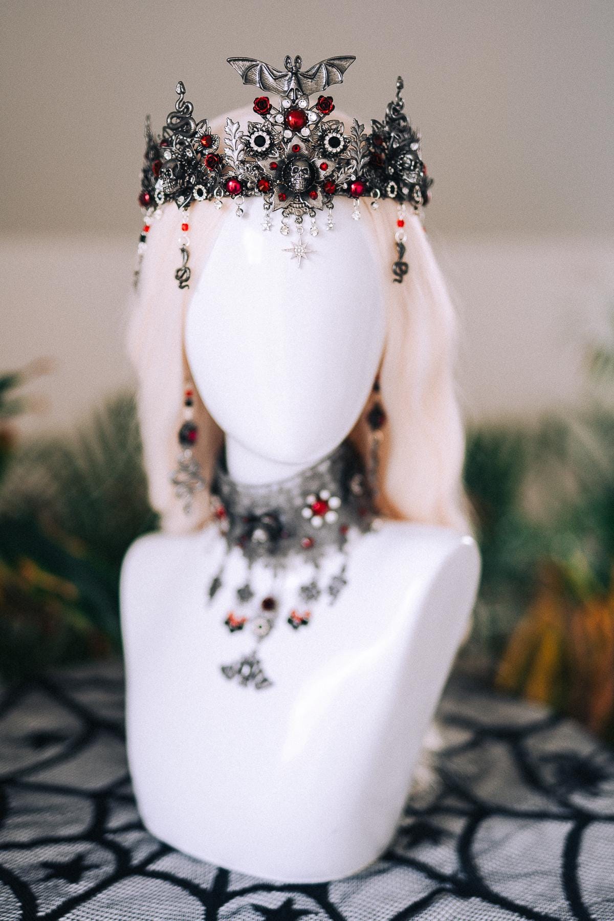 Vampire Queen Crown Gothic Bat Skull Red Roses Filigree Black Silver ...