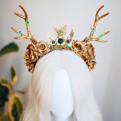 Deer Flower Crown Headband Headpiece Gold Horns Crown - Etsy