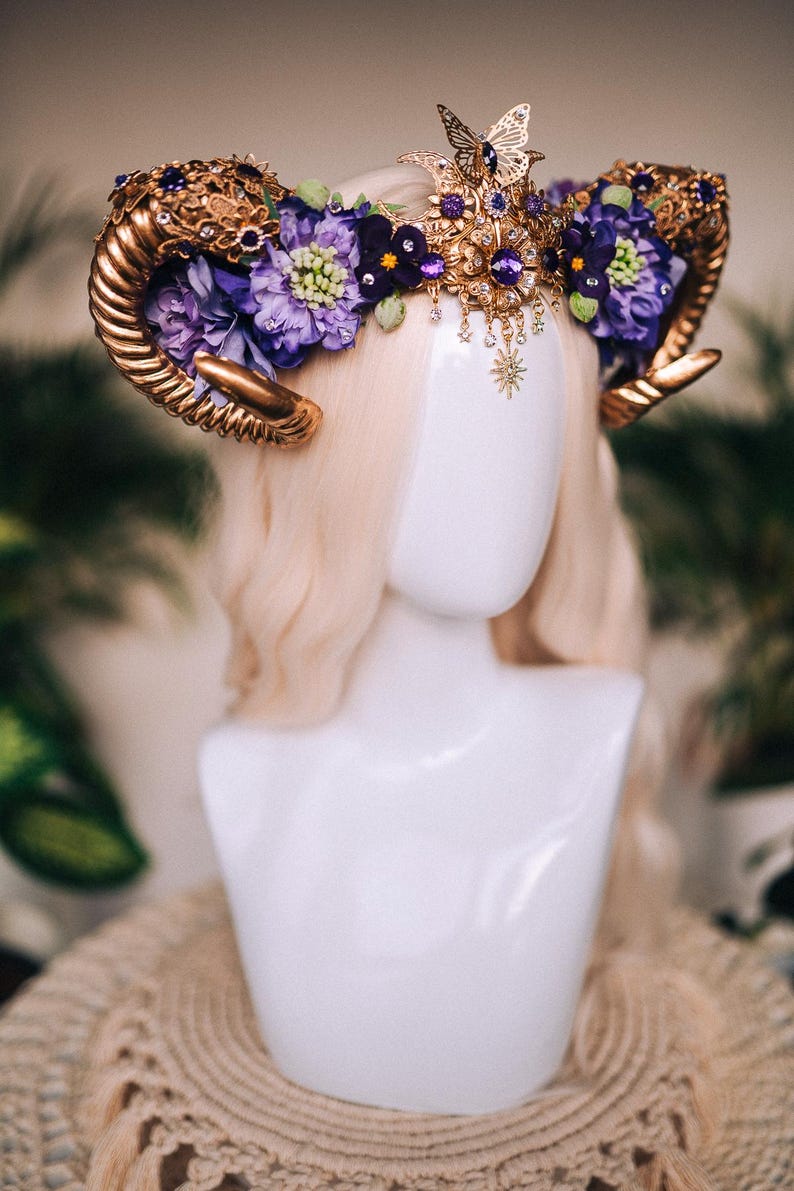 Aries Horn Crown, Purple Floral Ram Tiara, Celestial Headpiece - Etsy