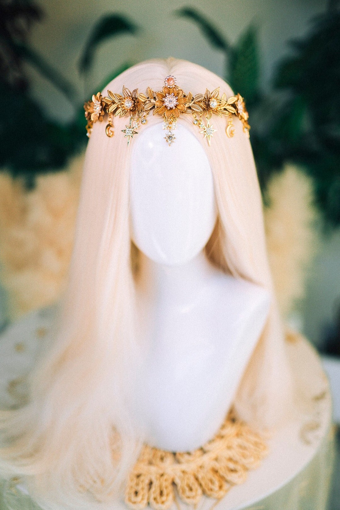 Beige Flower Crown Flower Tiara Celestial Gold Wedding - Etsy