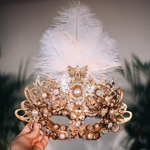 Golden Goddess Feather Masquerade Mask Pearl Embellished Luxury ...