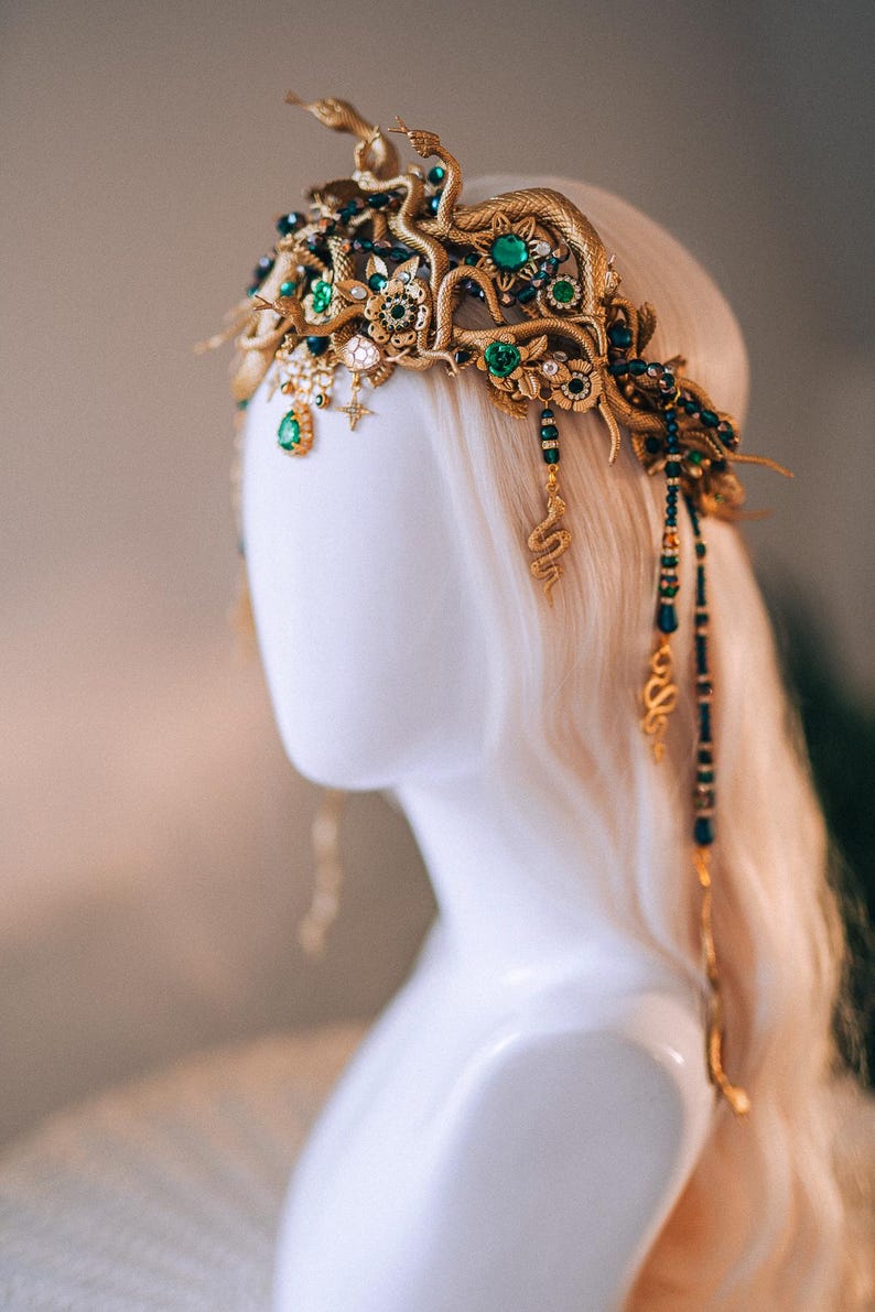 Medusa Snake Crown Gold Green Crystal Headpiece Halloween Goddess Halo ...