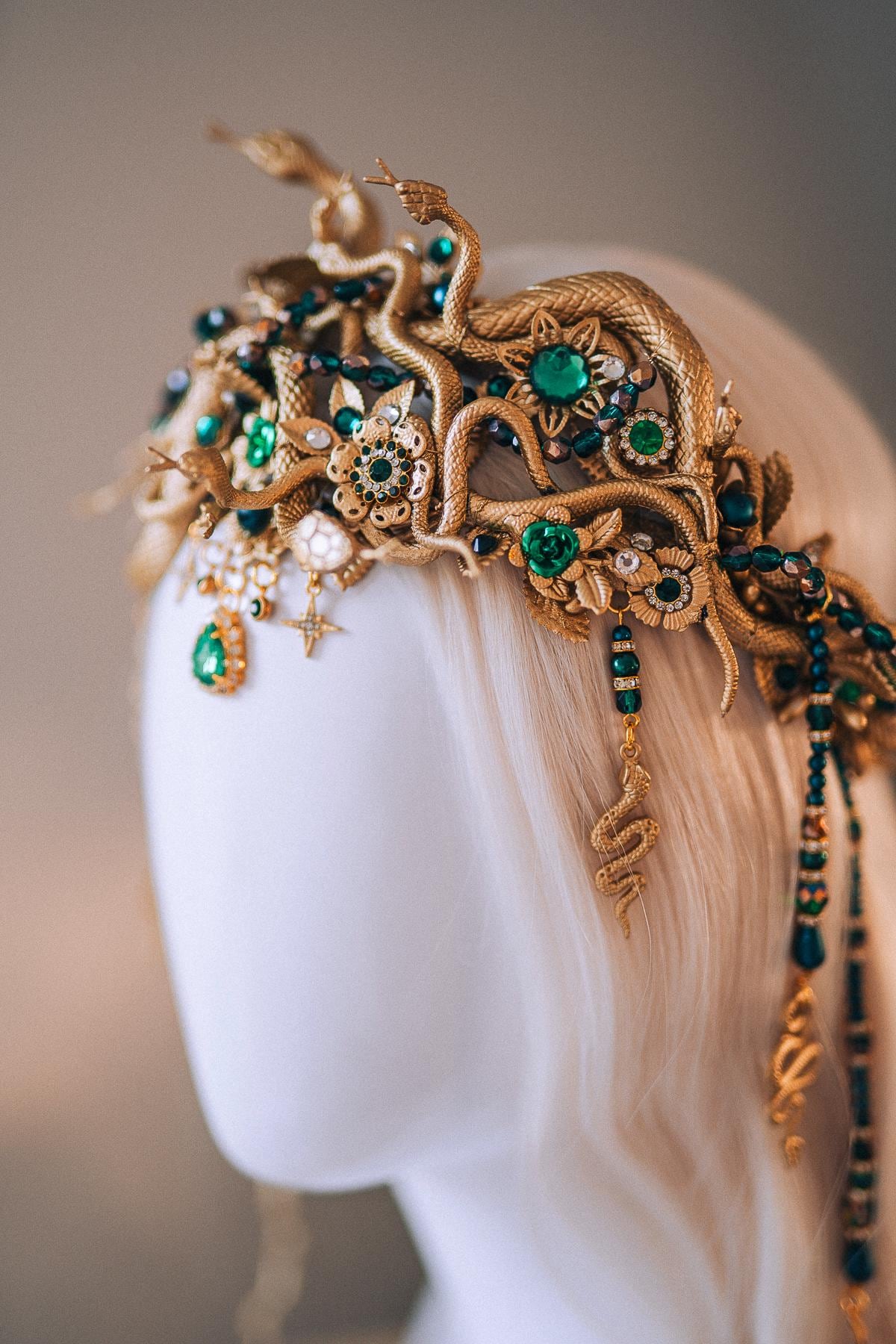 Medusa Snake Crown Gold Green Crystal Headpiece Halloween Goddess Halo ...