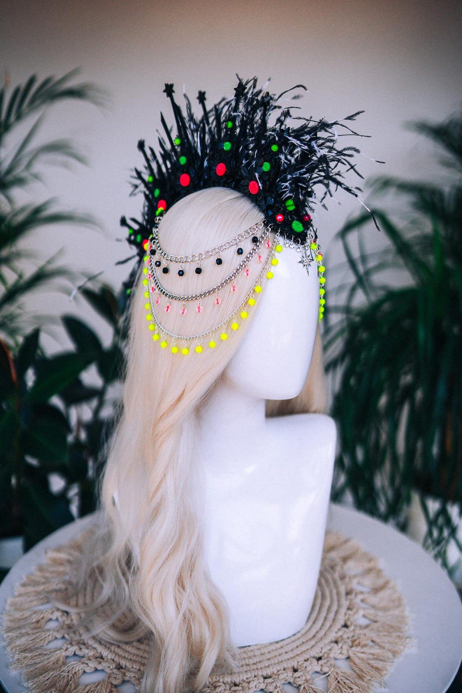 Neon Ritual Crown, UV Blacklight Rave Headpiece, Feather Halo - Etsy