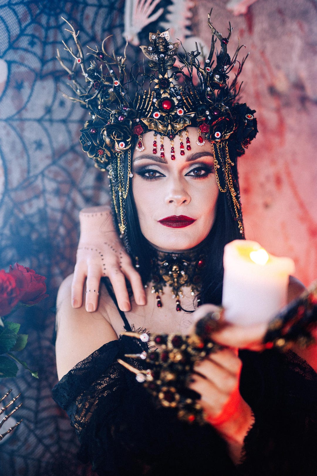 Gothic Morticia Addams Crown Black Red Gold Dark Queen Headpiece ...
