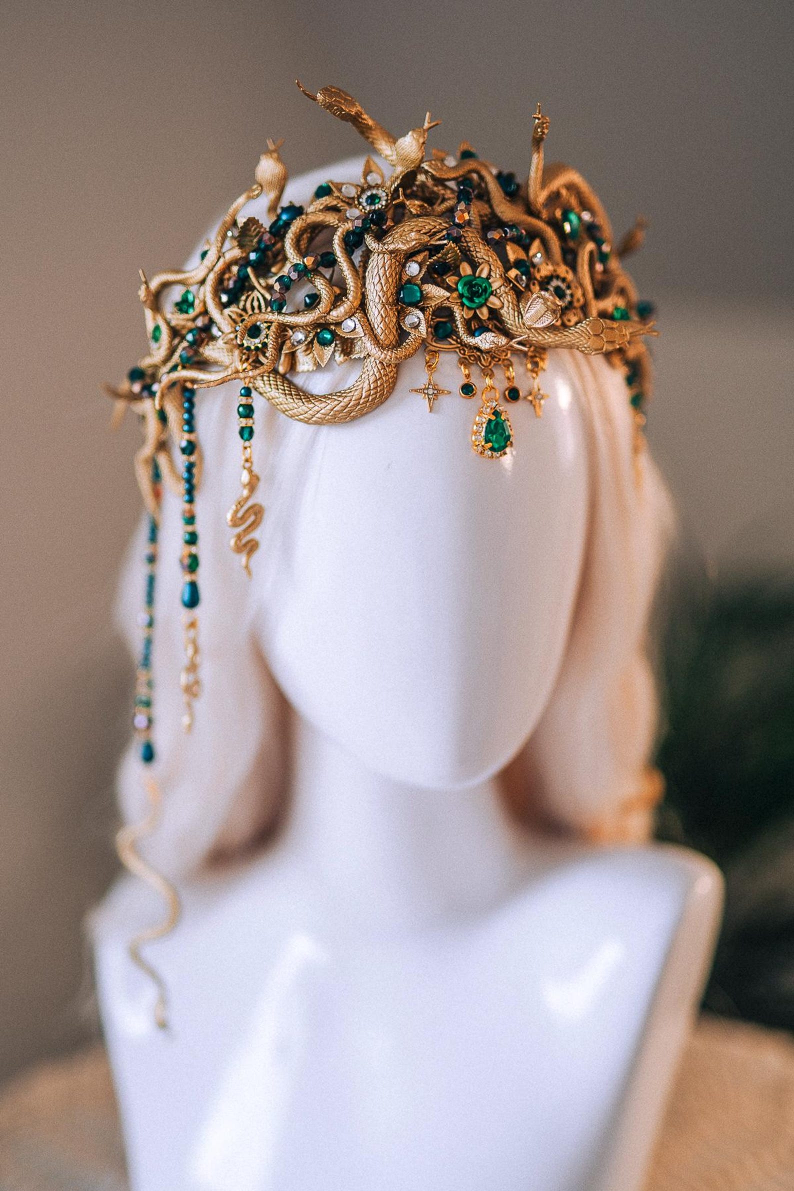 Medusa Snake Crown Gold Green Crystal Headpiece Halloween Goddess Halo ...