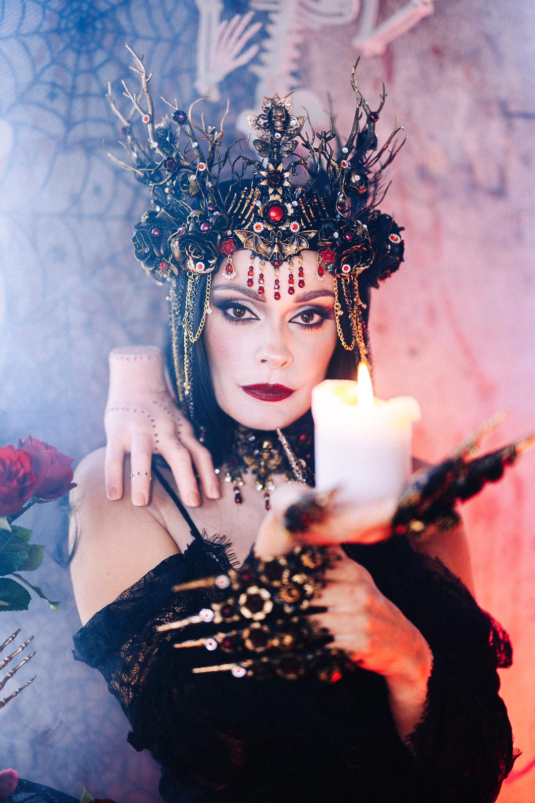 Gothic Morticia Addams Finger Claws Black Roses Red Crystals Skull Dark ...