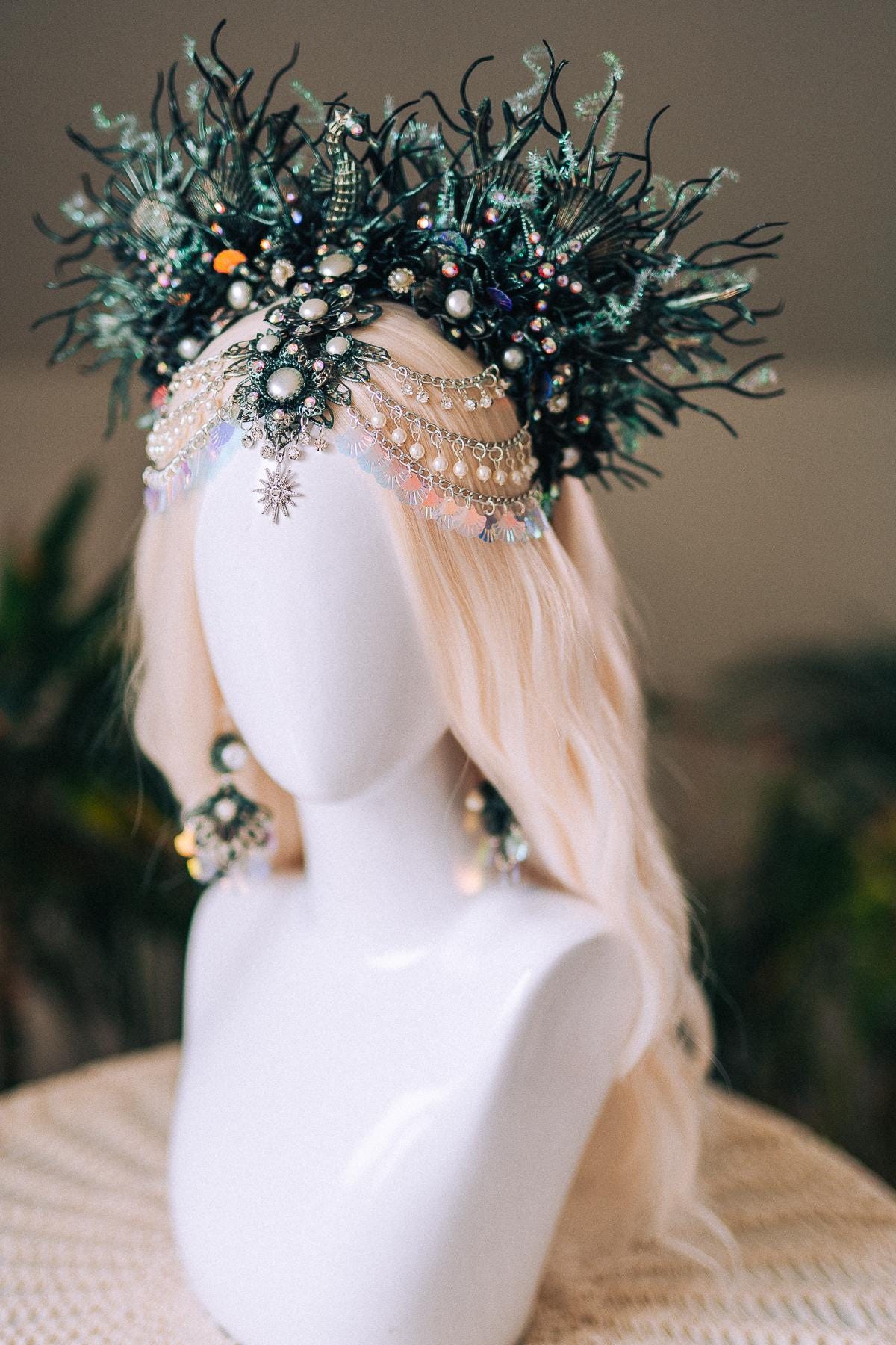 Mermaid Siren Halo Crown Iridescent Green Pearls Sea Goddess Headpiece ...