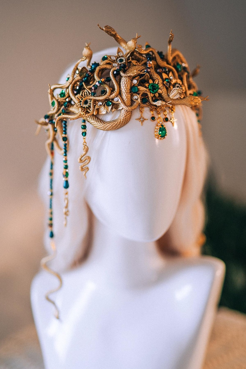 Medusa Snake Crown Gold Green Crystal Headpiece Halloween Goddess Halo ...