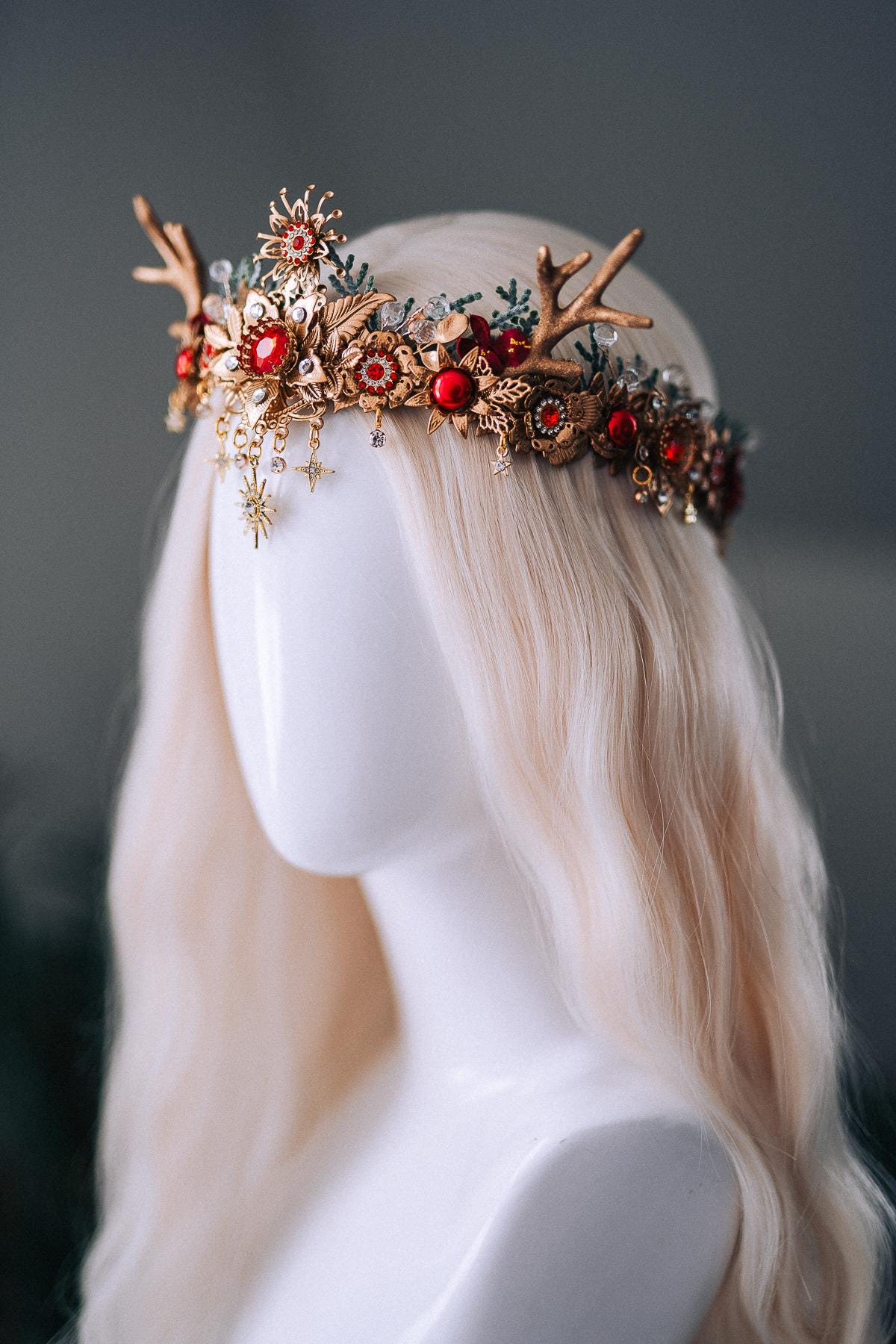 Red Gold Reindeer Christmas Crown Festive Holiday Headpiece Winter ...