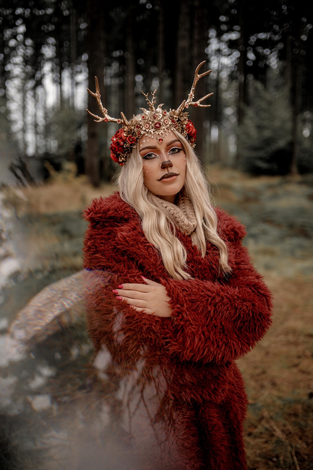 Red Deer Flower Crown, Flower Crown With Antlers, Gold Boho Crown, Deer ...