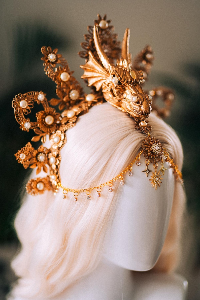 Gold Dragon Crown, Fantasy Headdress, Pearl Tiara, Dragon Costume ...